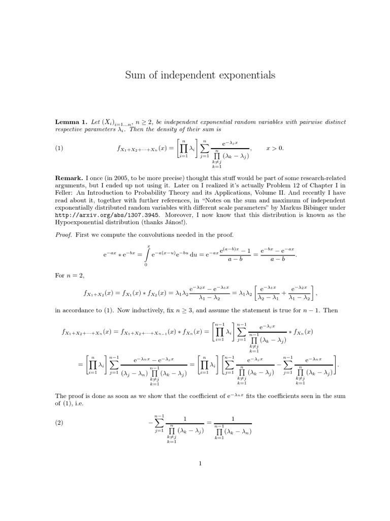 Sum of Independent Exponentials | PDF | Analysis | Probability Theory