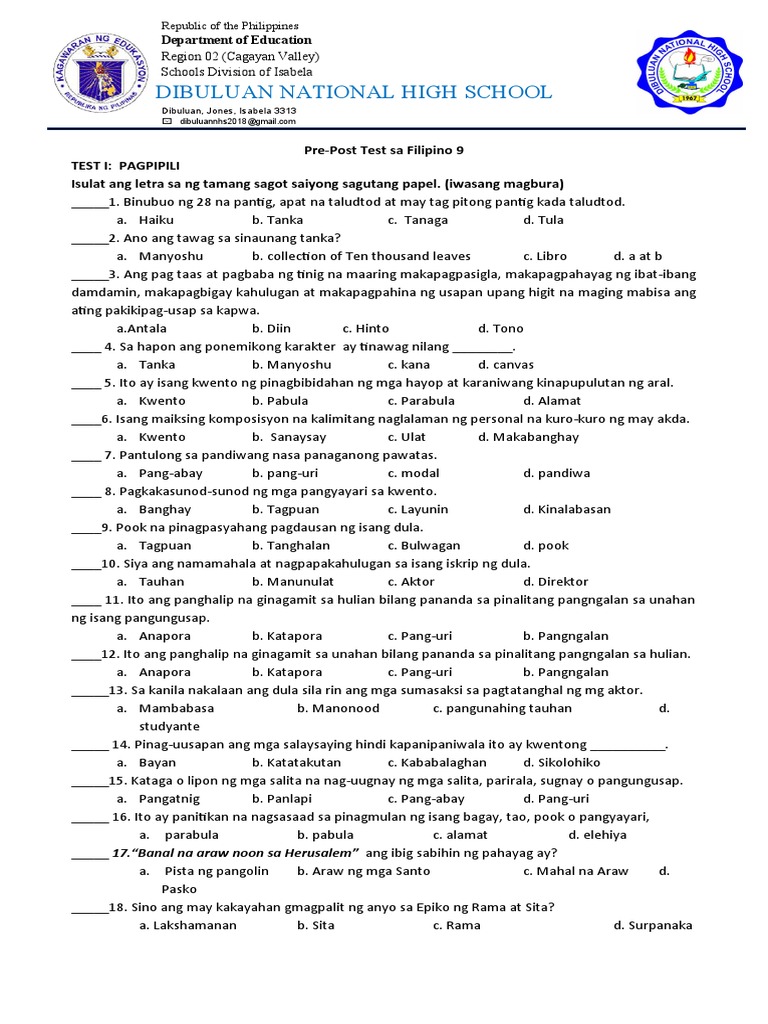 Pre and Post Test FILIPINO 9 | PDF