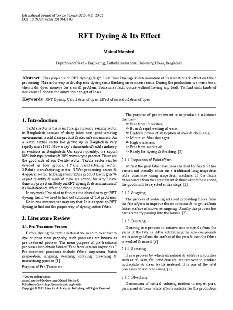 RFT Dyeing & Its Effect: Mainul Morshed | PDF | Dyeing | Chemistry