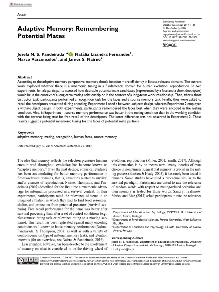Adaptive Memory: Remembering Potential Mates | PDF | Memory | Recall ...