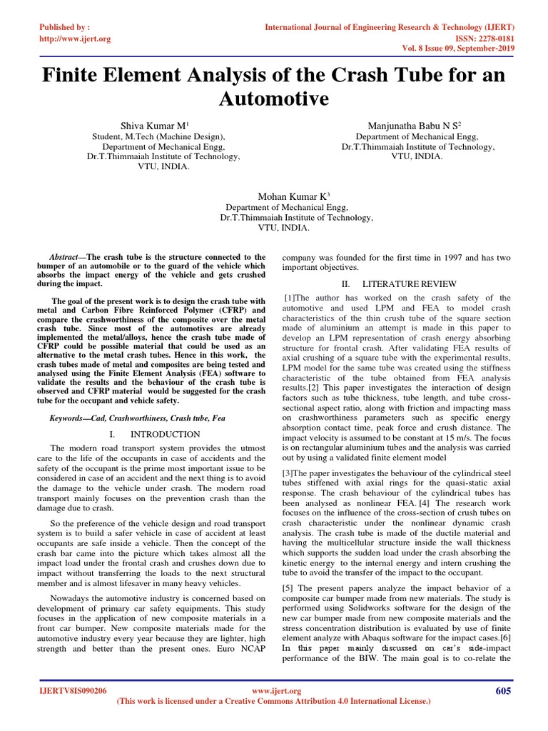 Finite Element Analysis Of The Crash Tube For An Automotive Ijertv8is090206 Download Free Pdf