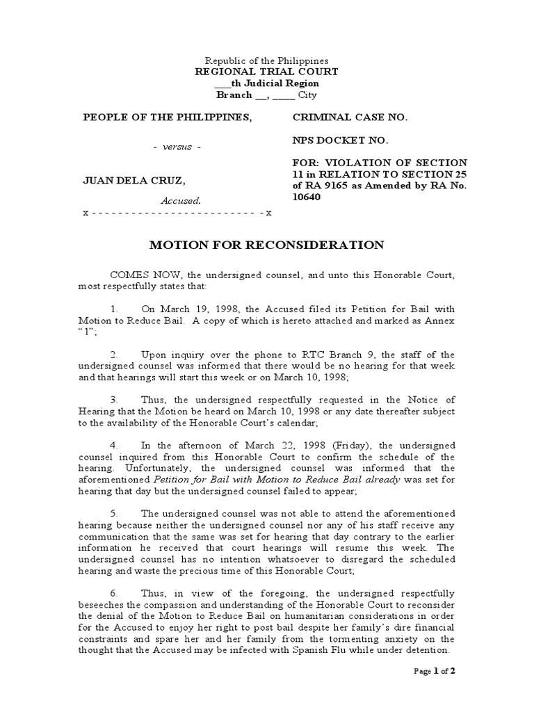 Motion for Reconsideration of Bail | PDF | Bail | Prosecutor