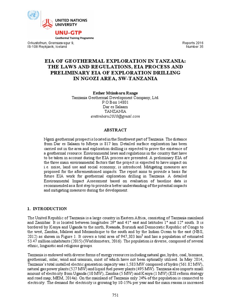 Unu-Gtp-2016-35 Eia of Geothermal Exploration in Tanzania. The Laws and ...