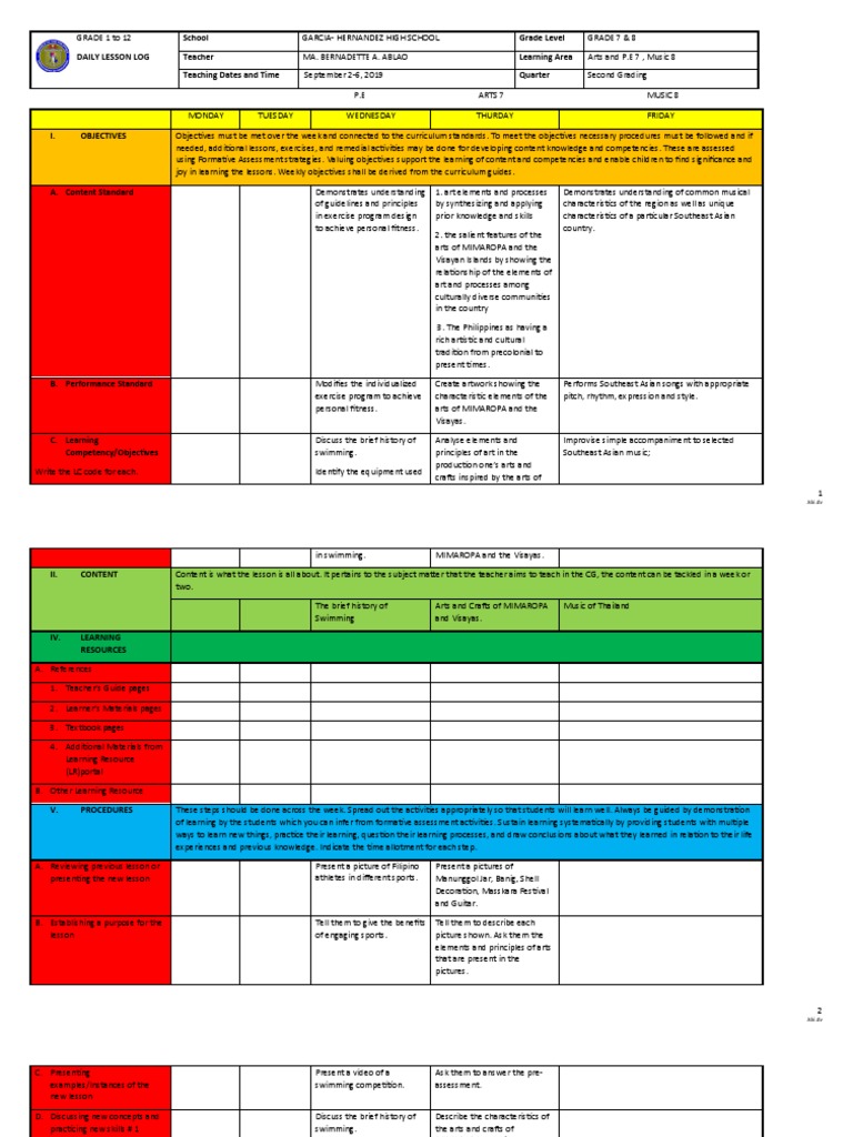 School Grade Level Teacher Learning Area Teaching Dates and Time ...