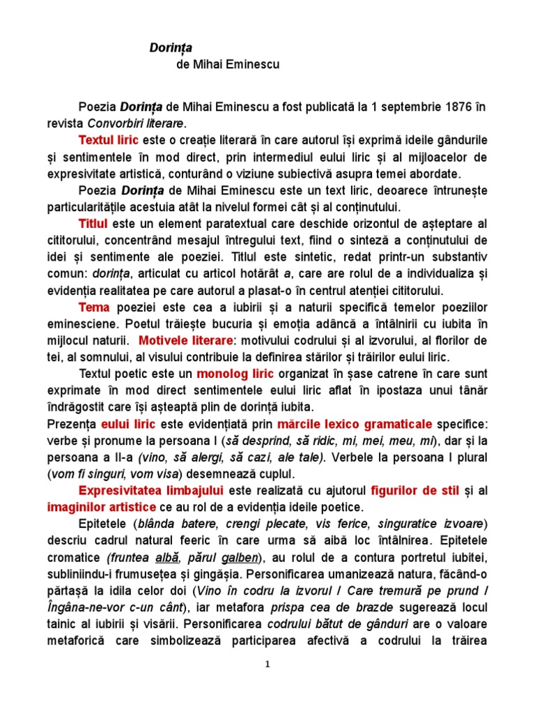 DORINȚA de Mihai Eminescu | PDF