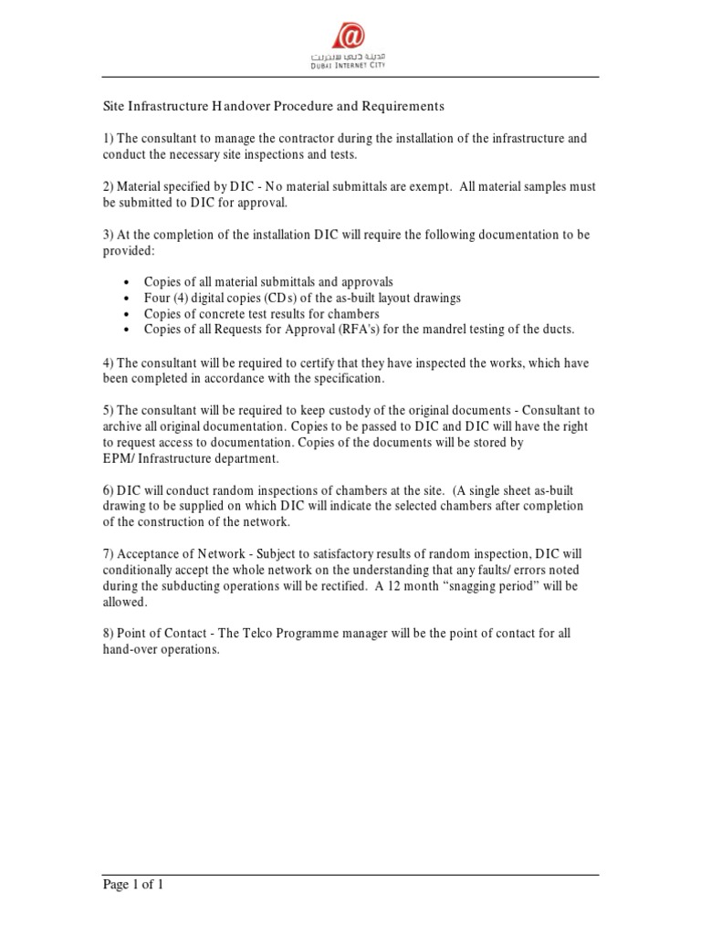 Site Infrastructure Handover Procedure and Requirements PDF | PDF