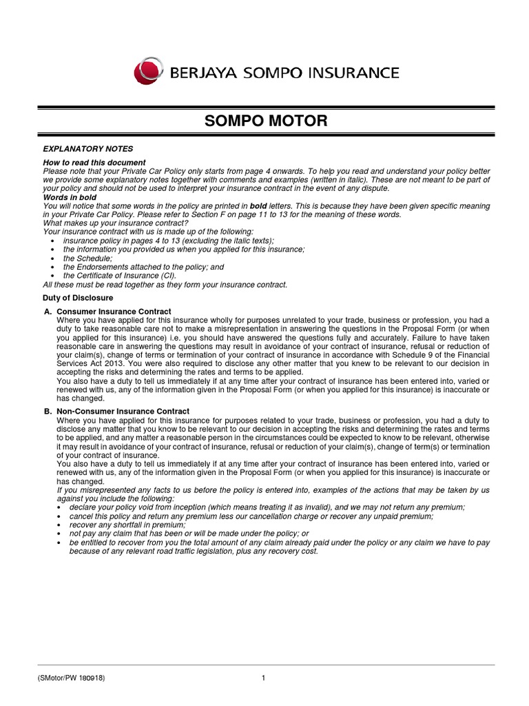 Sompo Motor: Explanatory Notes How To Read This Document | PDF ...