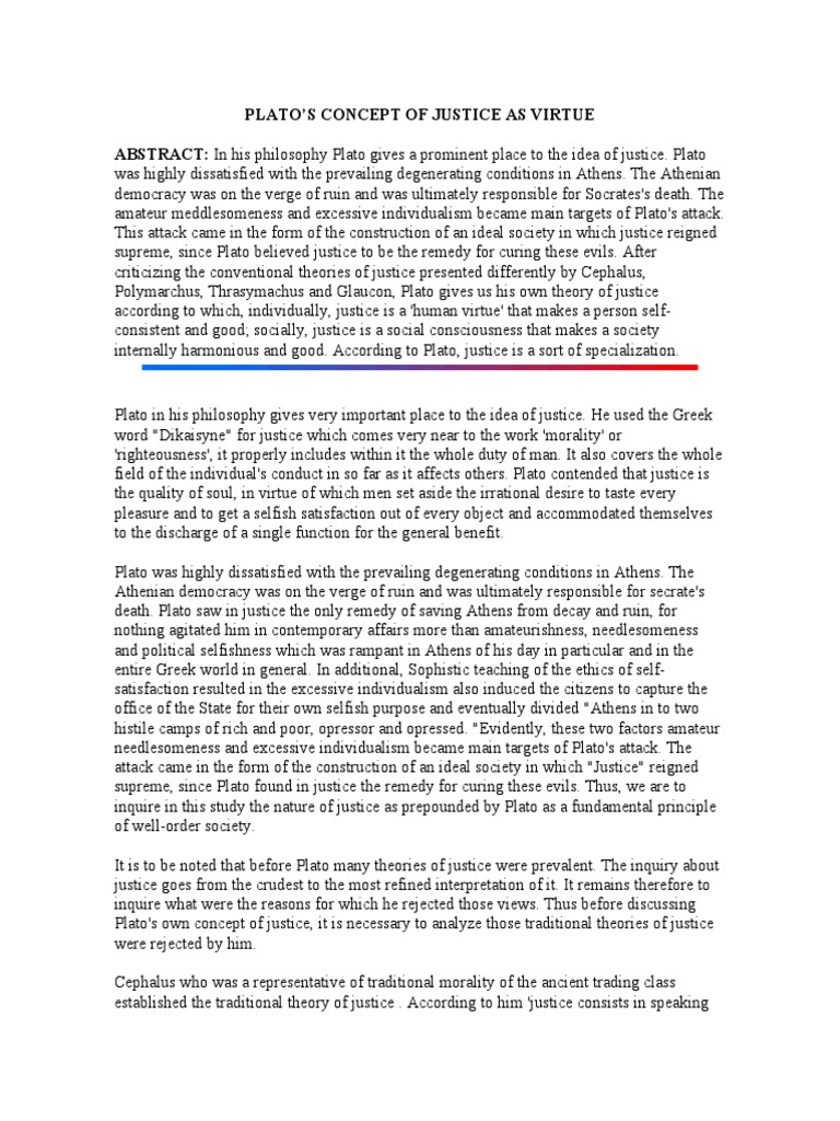 Plato'S Concept of Justice As Virtue ABSTRACT: in His Philosophy Plato ...