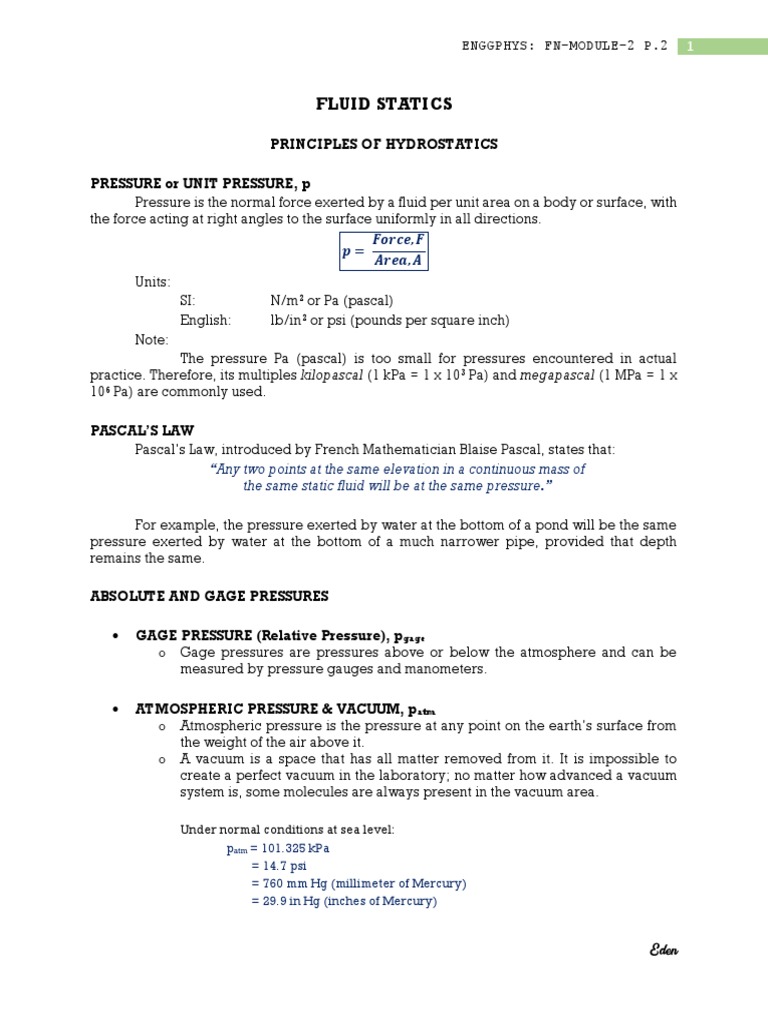 Fluid Statics: Principles of Hydrostatics Pressure or Unit Pressure, P | Download Free PDF ...