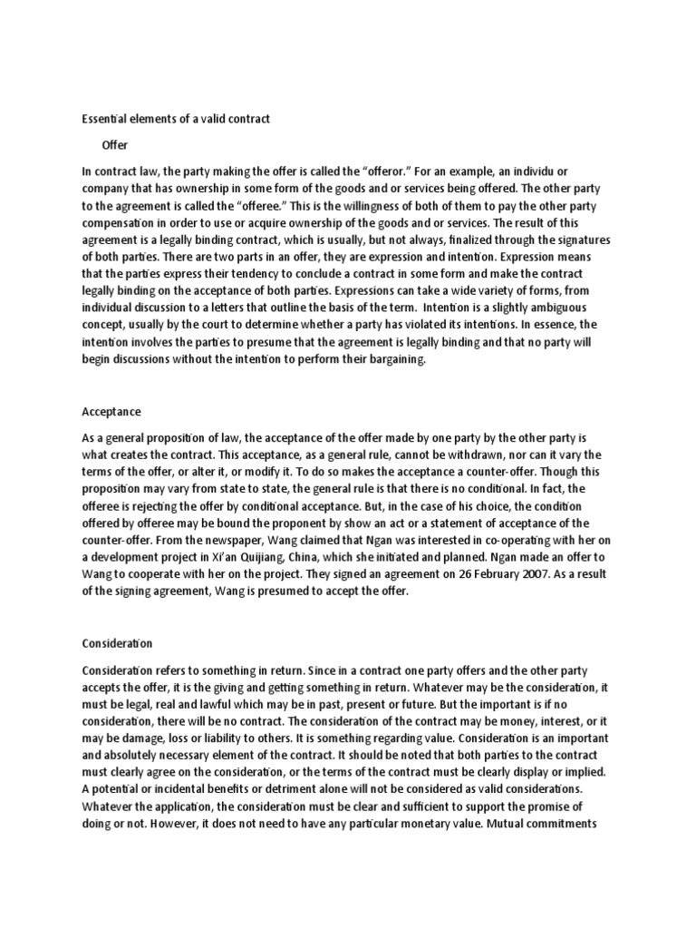Essential Elements of A Valid Contract | PDF | Offer And Acceptance ...