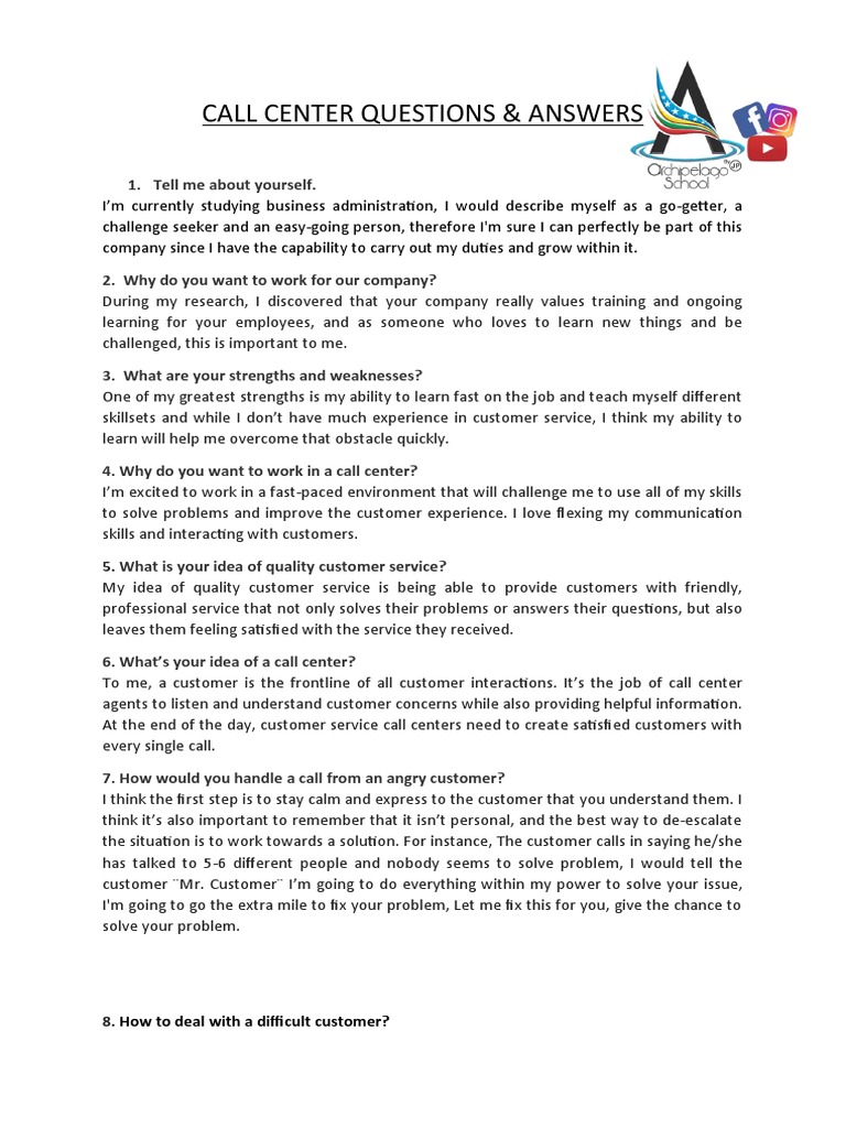 QUESTIONS & ANSWERS CALL CENTER by Teacher JP | PDF | Call Centre ...