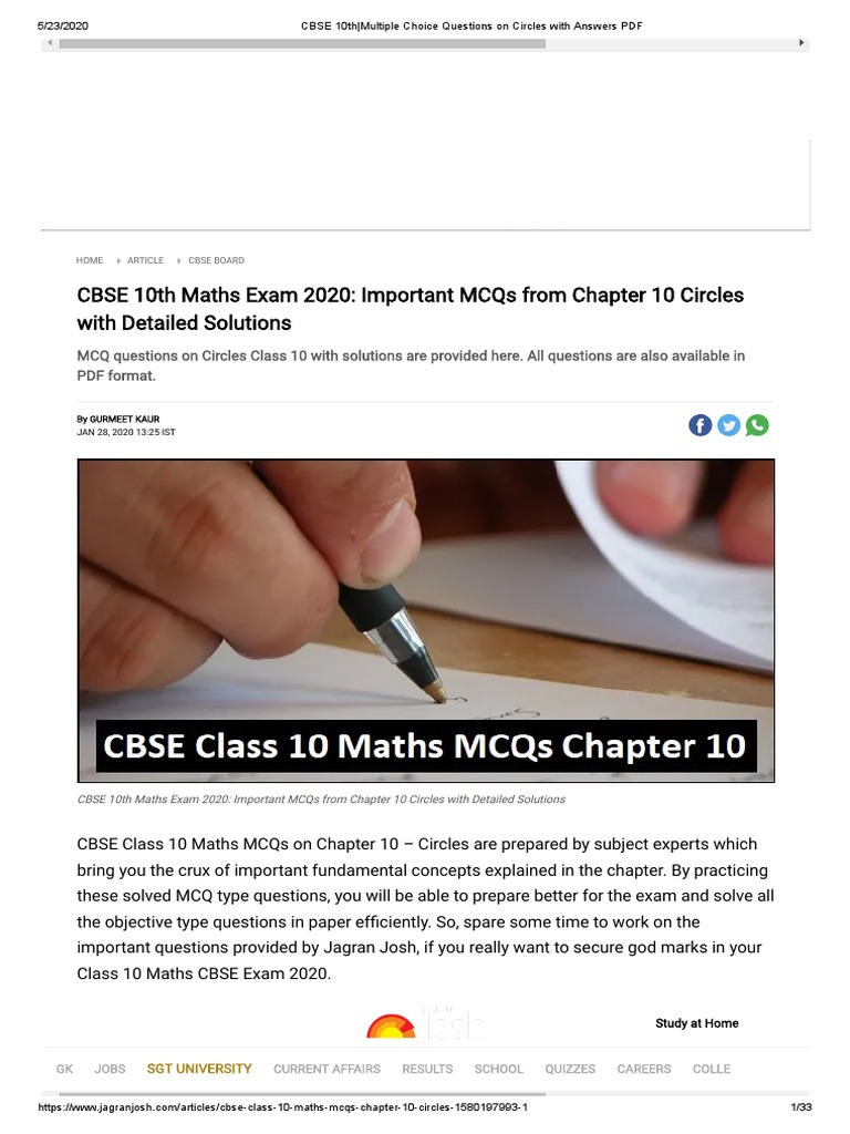 CBSE 10th - Multiple Choice Questions On Chapter 10circles With Answers ...