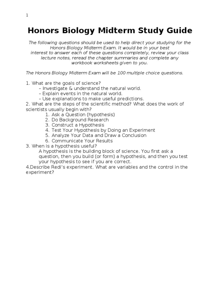 Honors Biology Midterm Study Guide: A Comprehensive Review of Key ...