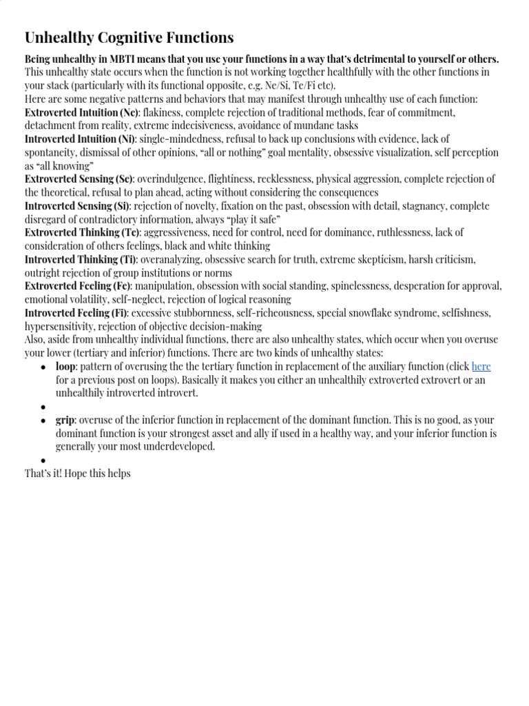 Unhealthy Cognitive Functions | PDF | Extraversion And Introversion | Feeling