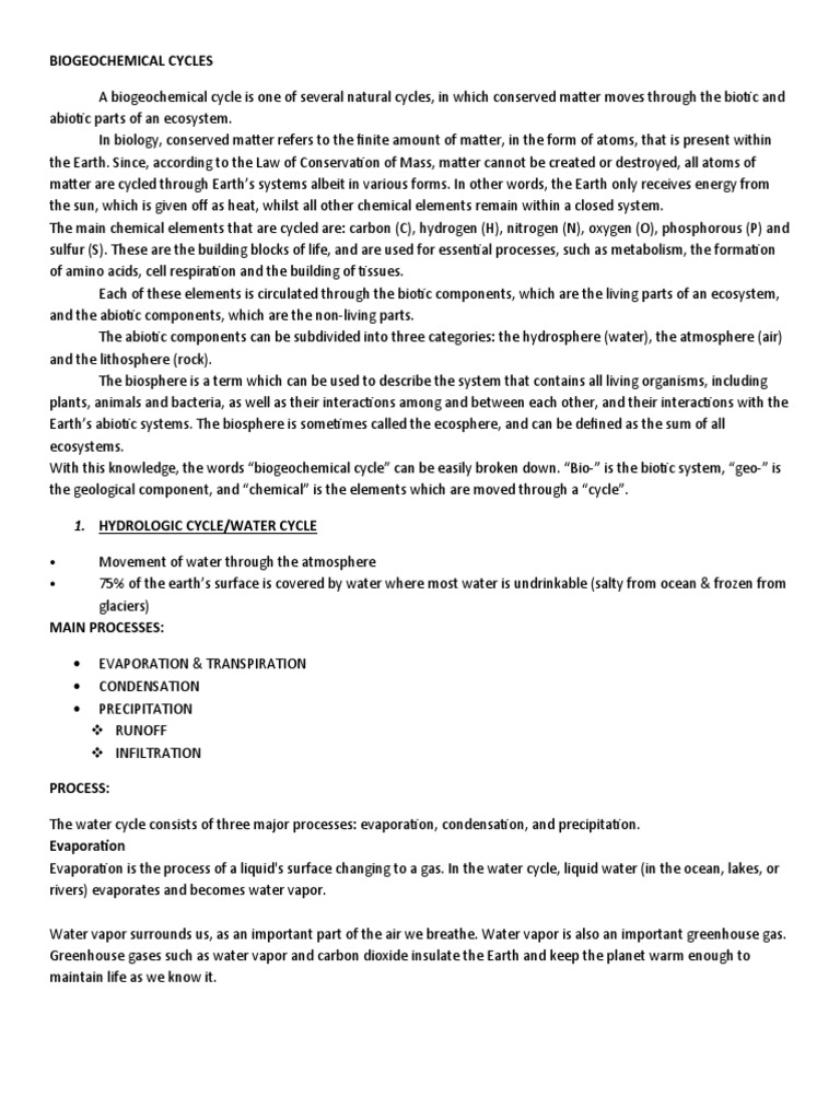Biogeochemical Cycles: 1. Hydrologic Cycle/Water Cycle | PDF ...
