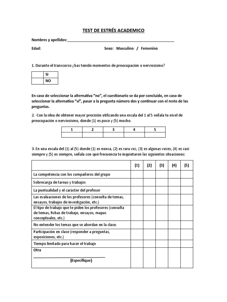 Test de Estrés Academico | PDF | Especialidades Medicas | Psicología ...