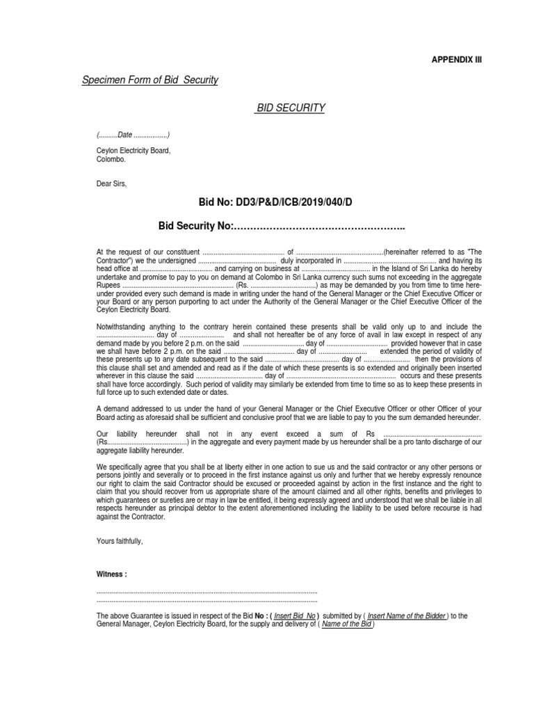 Specimen Form of Bid Security Bid Security: Bid No: DD3/P&D/ICB/2019 ...