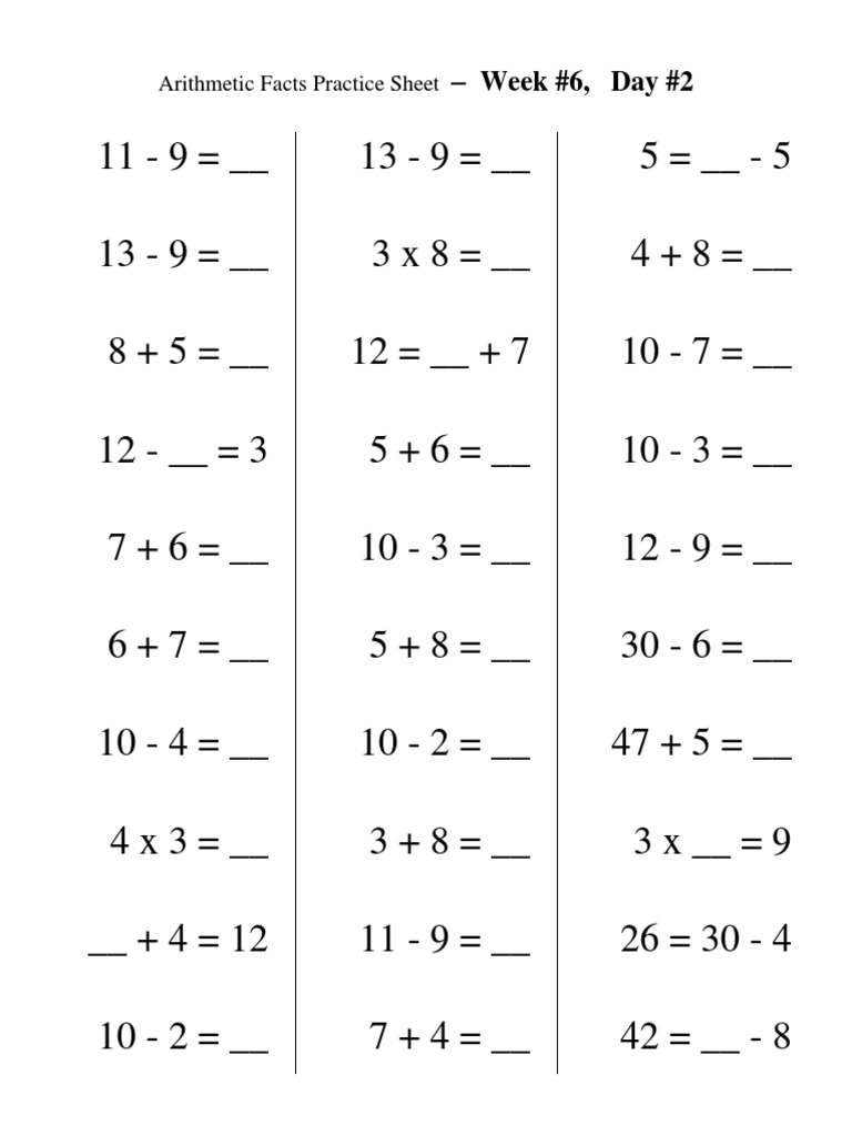 Week #6, Day #2: Arithmetic Facts Practice Sheet | PDF