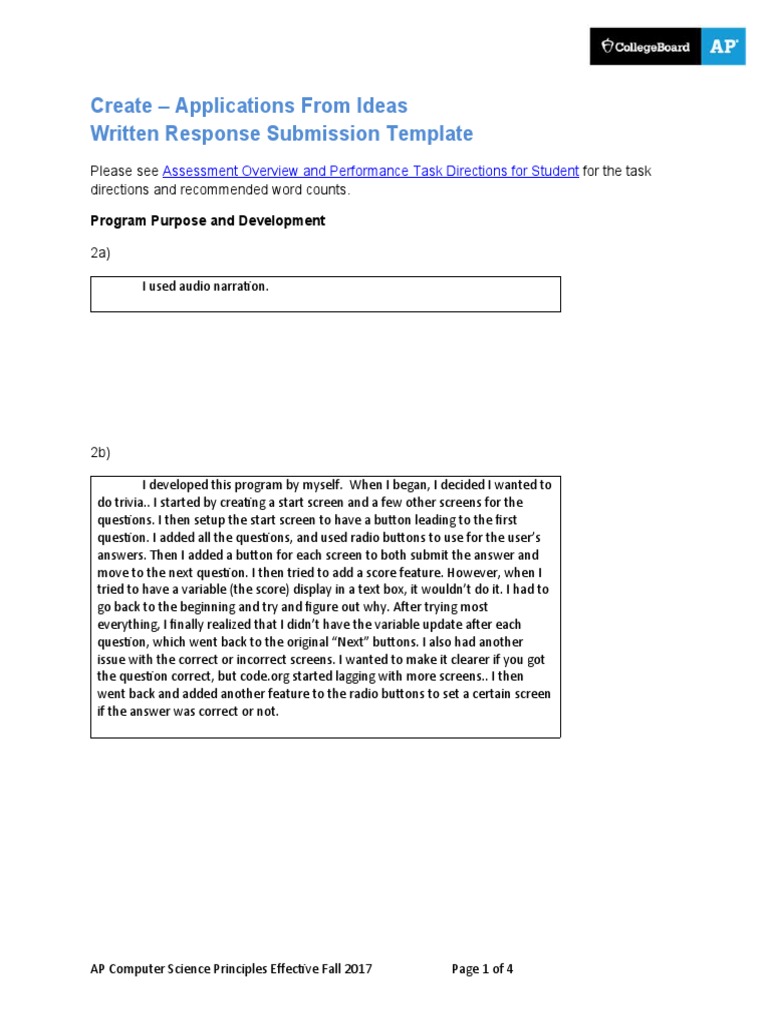 Create - Applications From Ideas Written Response Submission Template | Download Free PDF ...