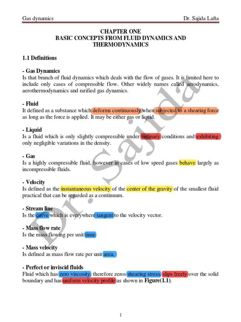 Chapter One Basic Concepts From Fluid Dynamics and Thermodynamics 1.1 Definitions - Gas Dynamics ...