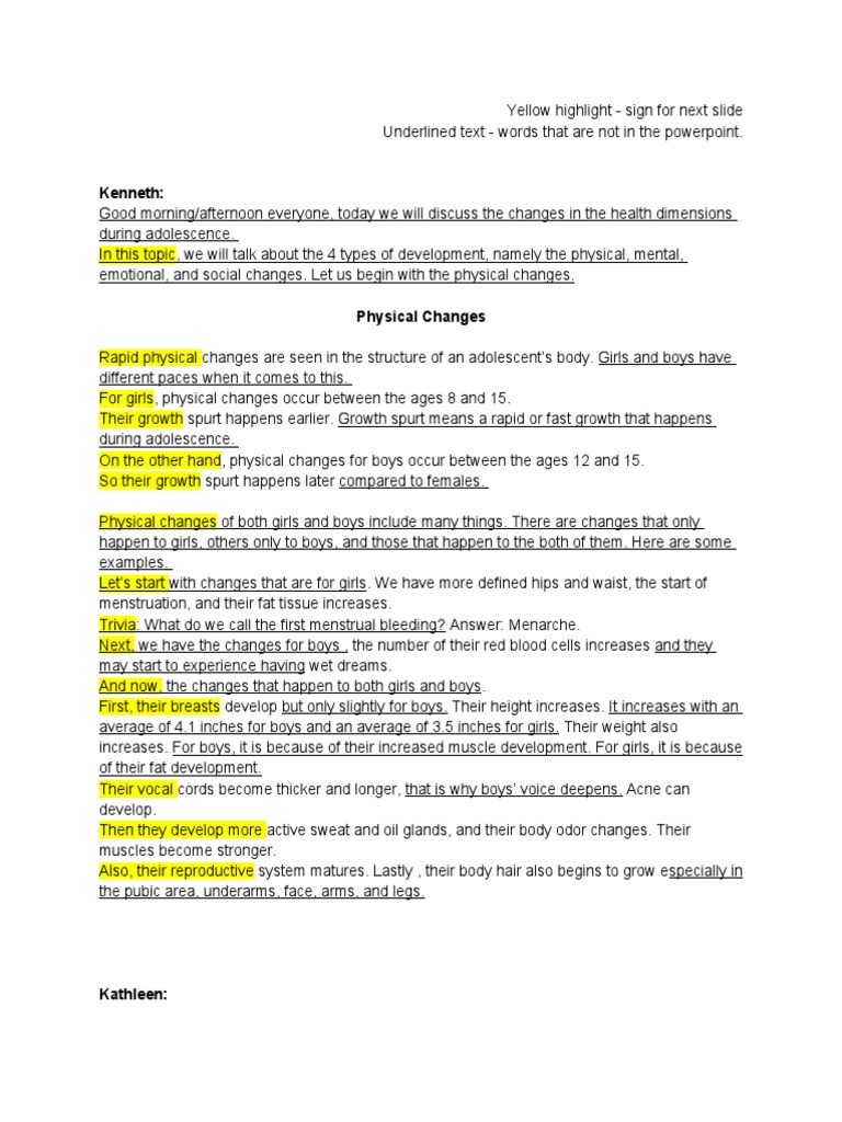 Changes in Health - Script | PDF | Puberty | Adolescence