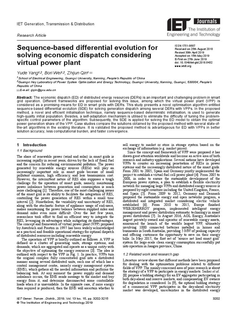 Sequence-Based Differential Evolution For Solving Economic Dispatch ...