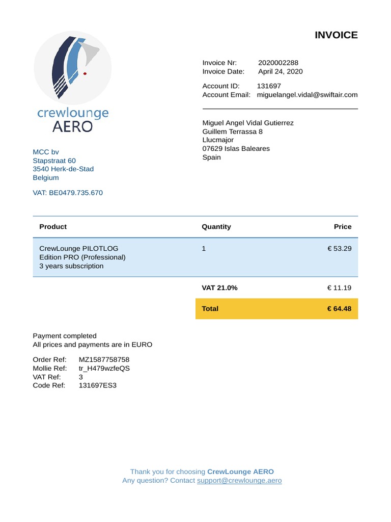 Invoice: MCC BV Stapstraat 60 3540 Herk-de-Stad Belgium VAT: BE0479.735 ...