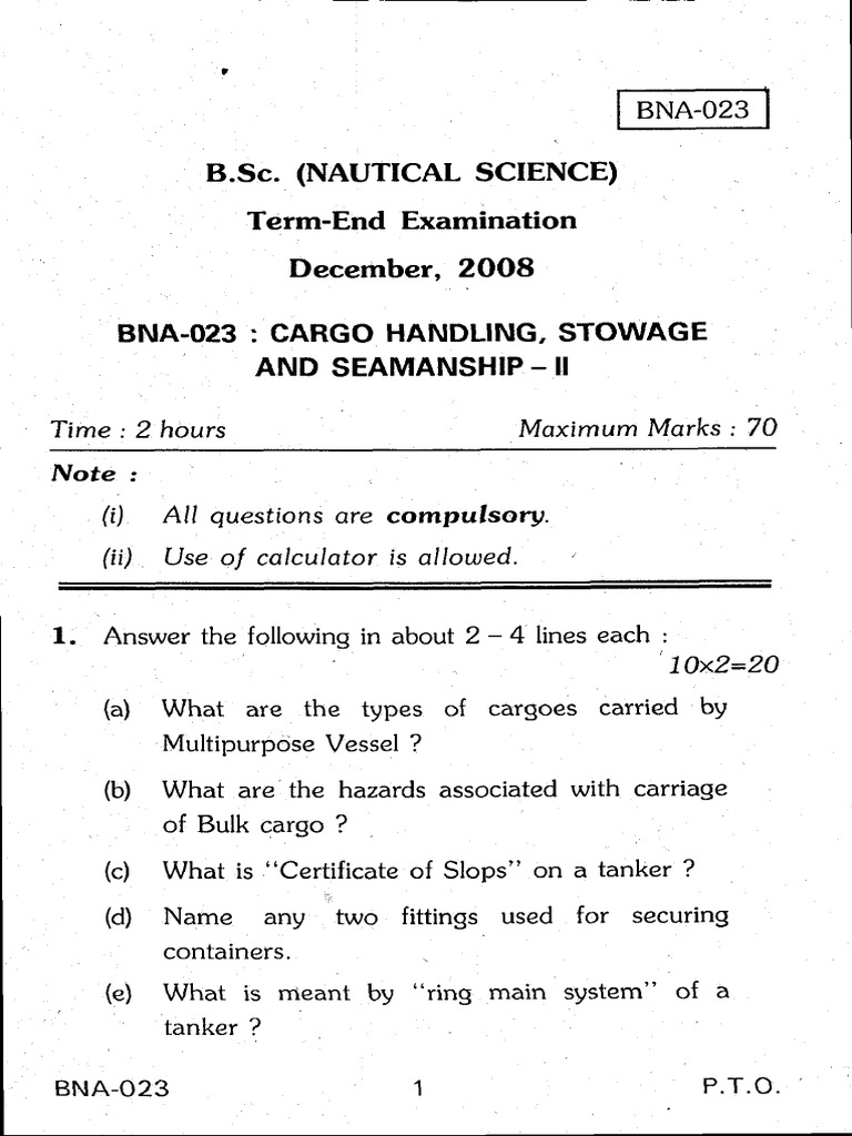B.Sc. (Nautical Science) Term-End Examination December, 2OO8 BNA-023 ...