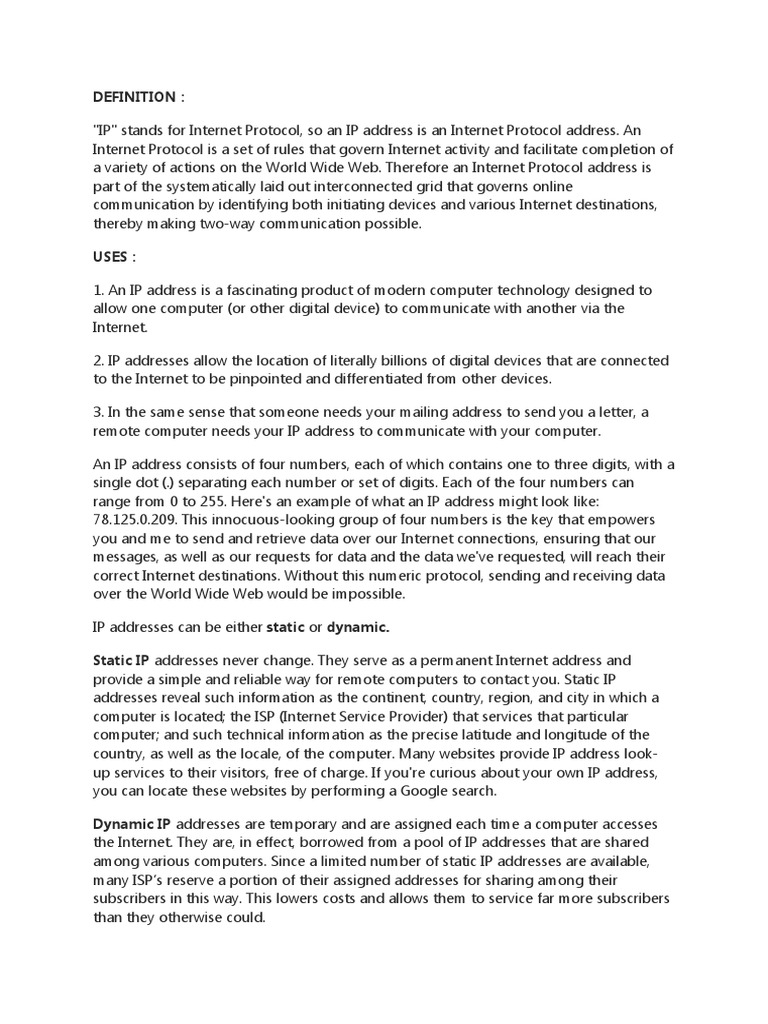 Ip Address and Its Types and Class | PDF | Ip Address | Internet Protocols