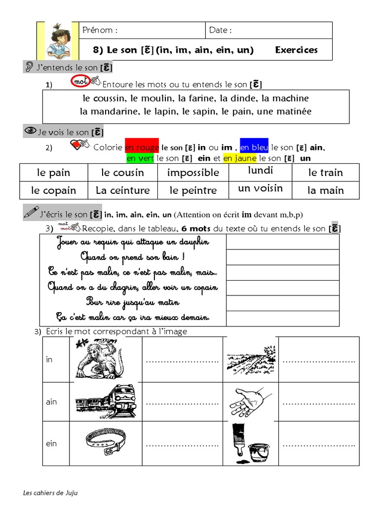 Exercices sur les sons in, im, ain, ein | PDF