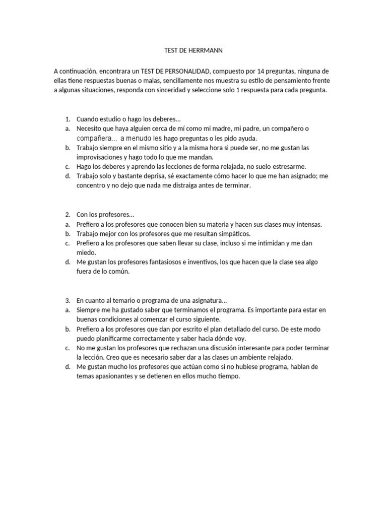 Test de Herrmann 1 | PDF | Prueba (evaluación) | Enseñanza de matemática