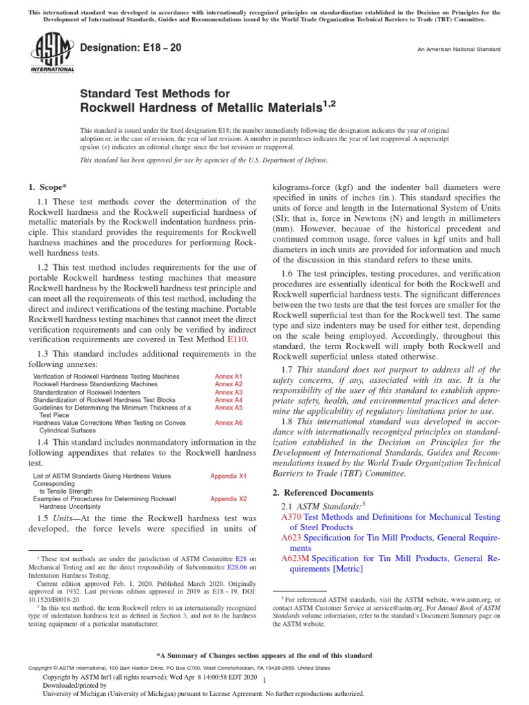 Astm E18-2020 | Download Free PDF | Hardness | Materials