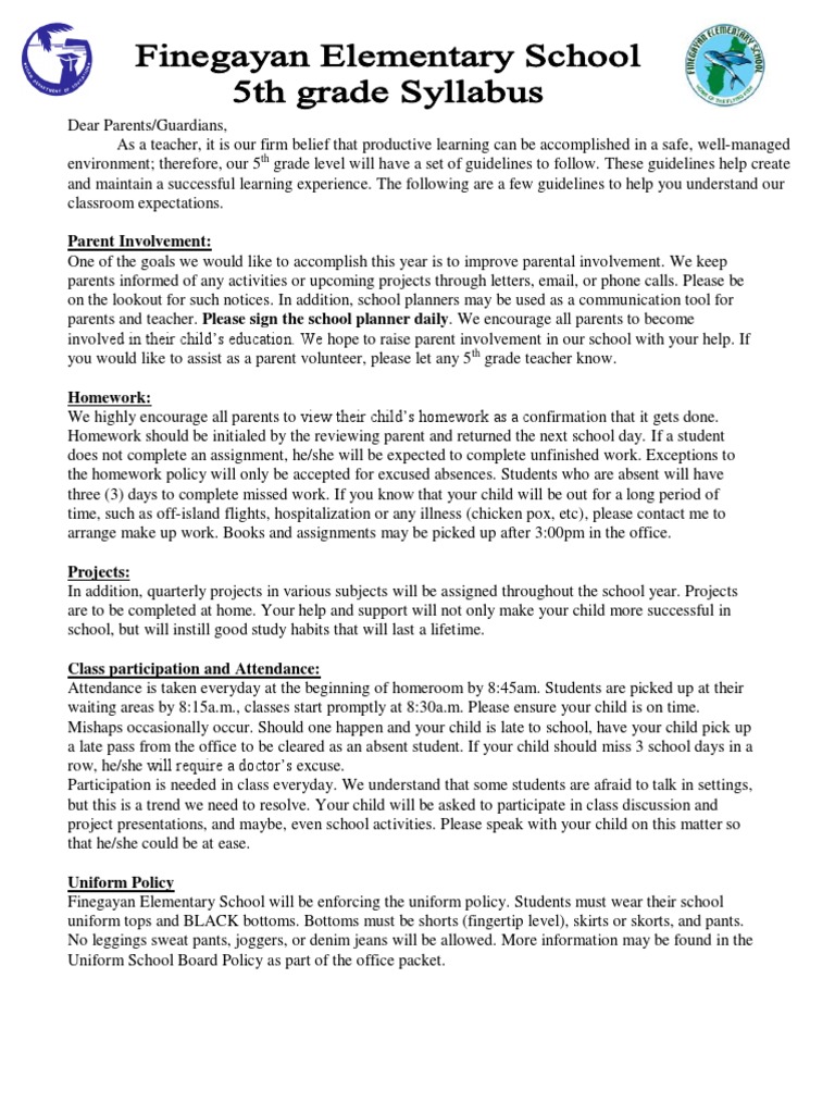 5th Grade Syllabus 19-20 | PDF | Classroom | Homework