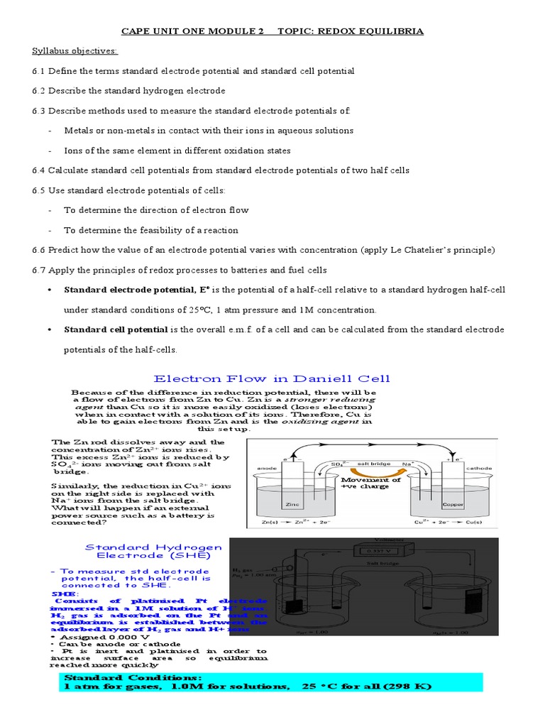 CAPE UNIT ONE MODULE 2 Redox Equilibria Hand Out | PDF | Redox | Anode
