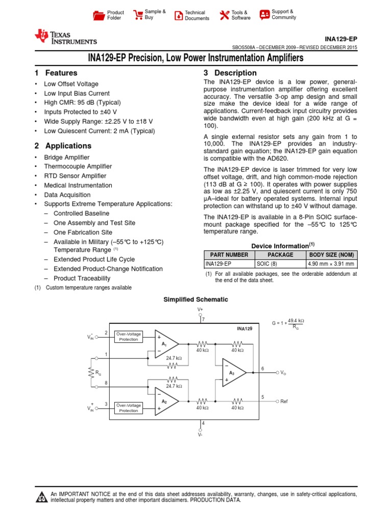 INA129-EP Precision, Low Power Instrumentation Amplifiers: 1 Features 3 Description | PDF ...