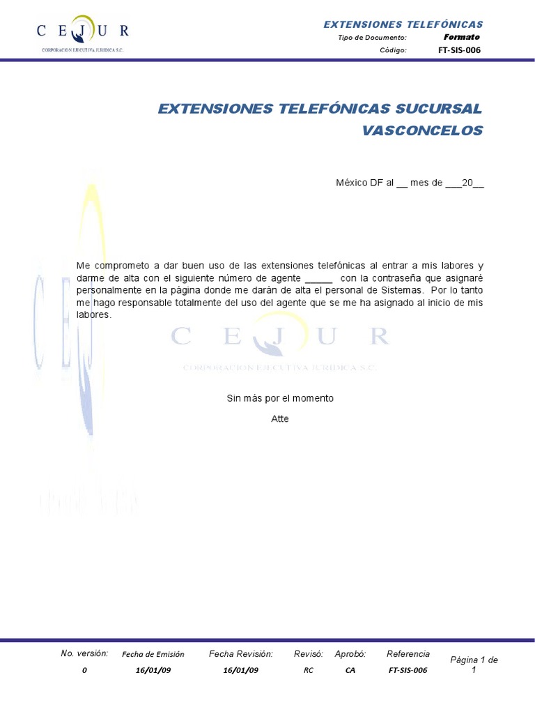 Extensiones Telefónicas Sucursal Vasconcelos | PDF