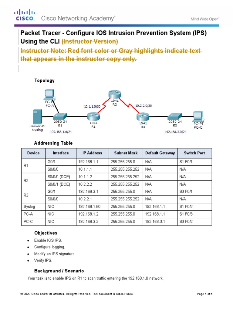 5.4.1.2 Packet Tracer - Configure IOS Intrusion Prevention System (IPS) Using CLI - Instructor ...