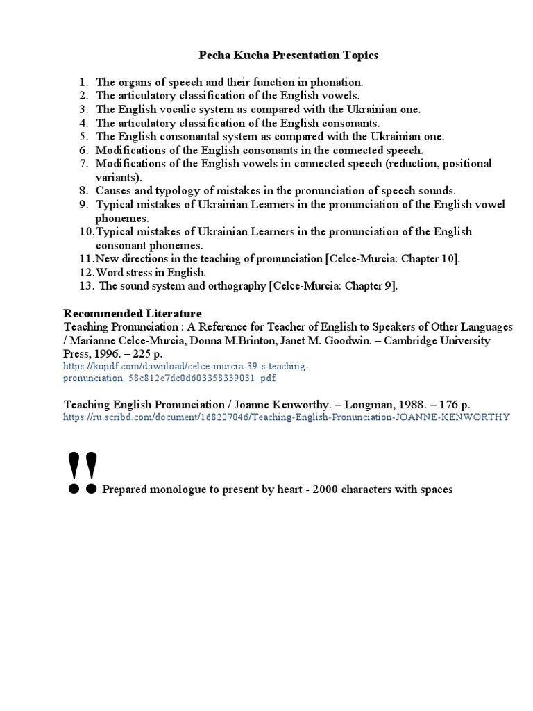 Pecha Kucha Presentation Topics | PDF | Stress (Linguistics) | Vowel