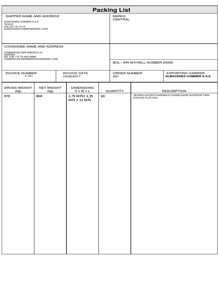 Packing List: Shipper Name and Address Marks Central | PDF | Technology ...