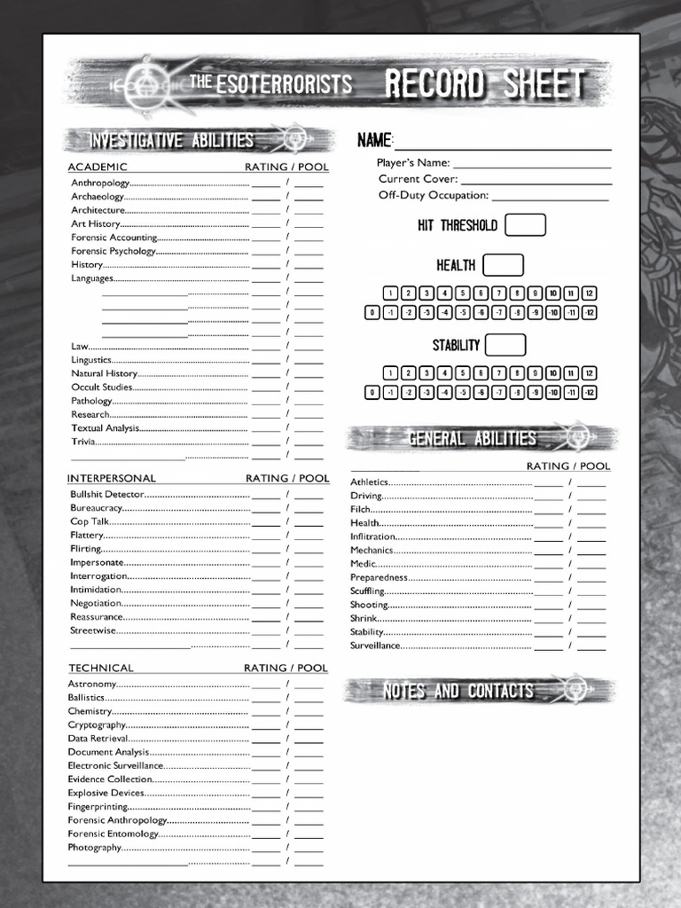 Esoterrorists Character Sheet 2nd Edition | PDF