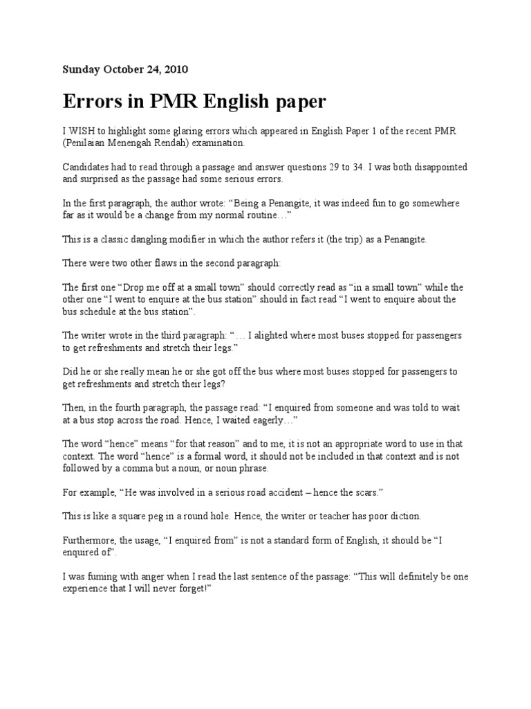 Glaring Errors in PMR English 2010 | PDF | English Language | Grammar