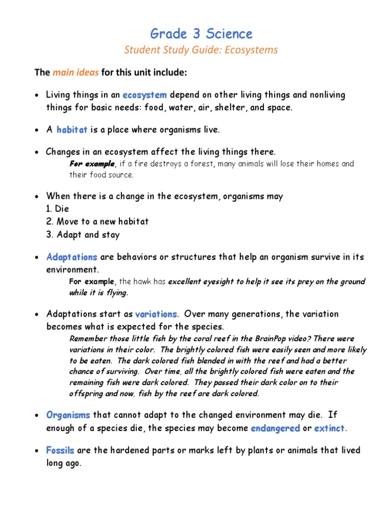 Grade 3 Science: Student Study Guide: Ecosystems | PDF