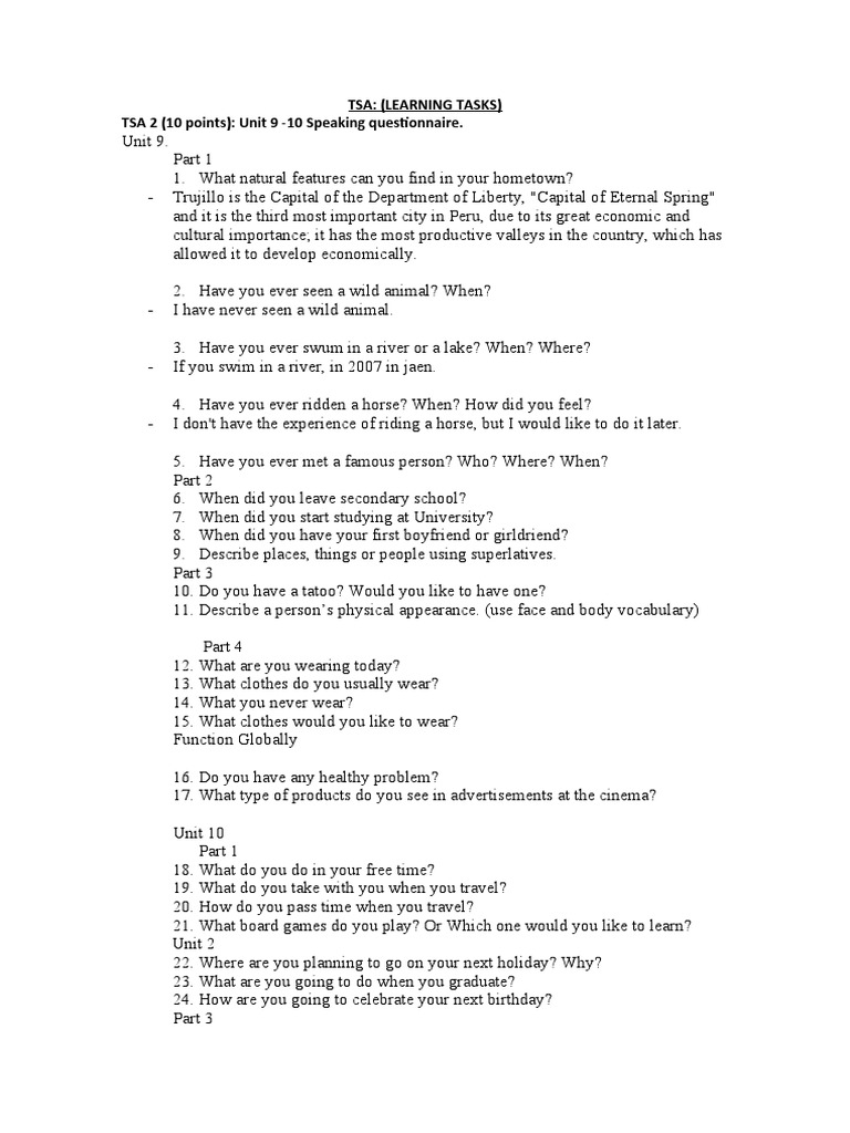 Unit 9 - 10 Speaking Questionnaire | PDF