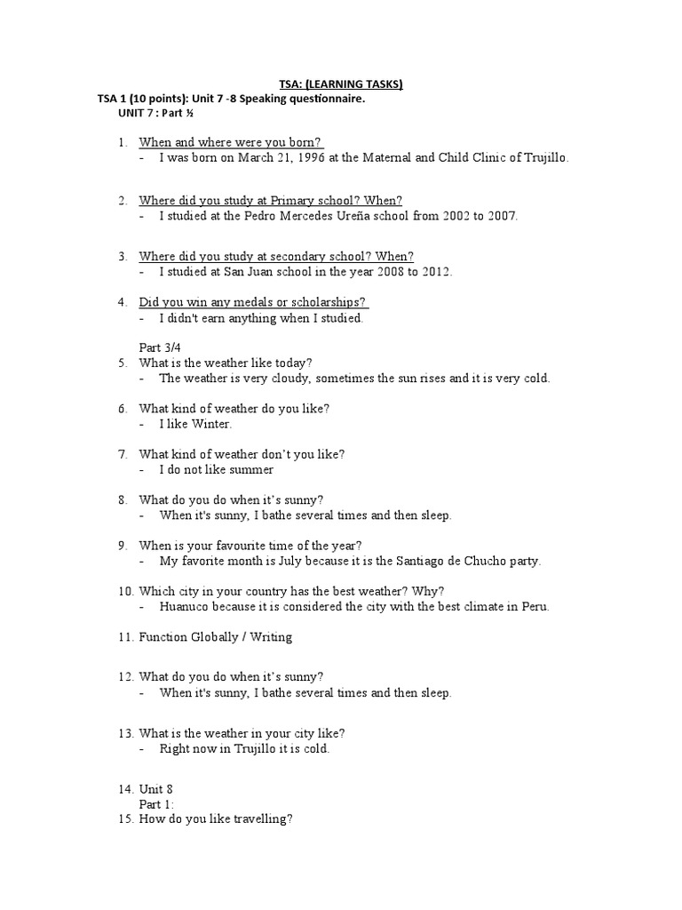 Unit 7 - 8 Speaking Questionnaire | Download Free PDF | Weather