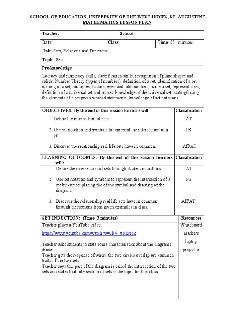 Lesson Plan 5 - Sets Lesson 6 | PDF | Set (Mathematics) | Teachers
