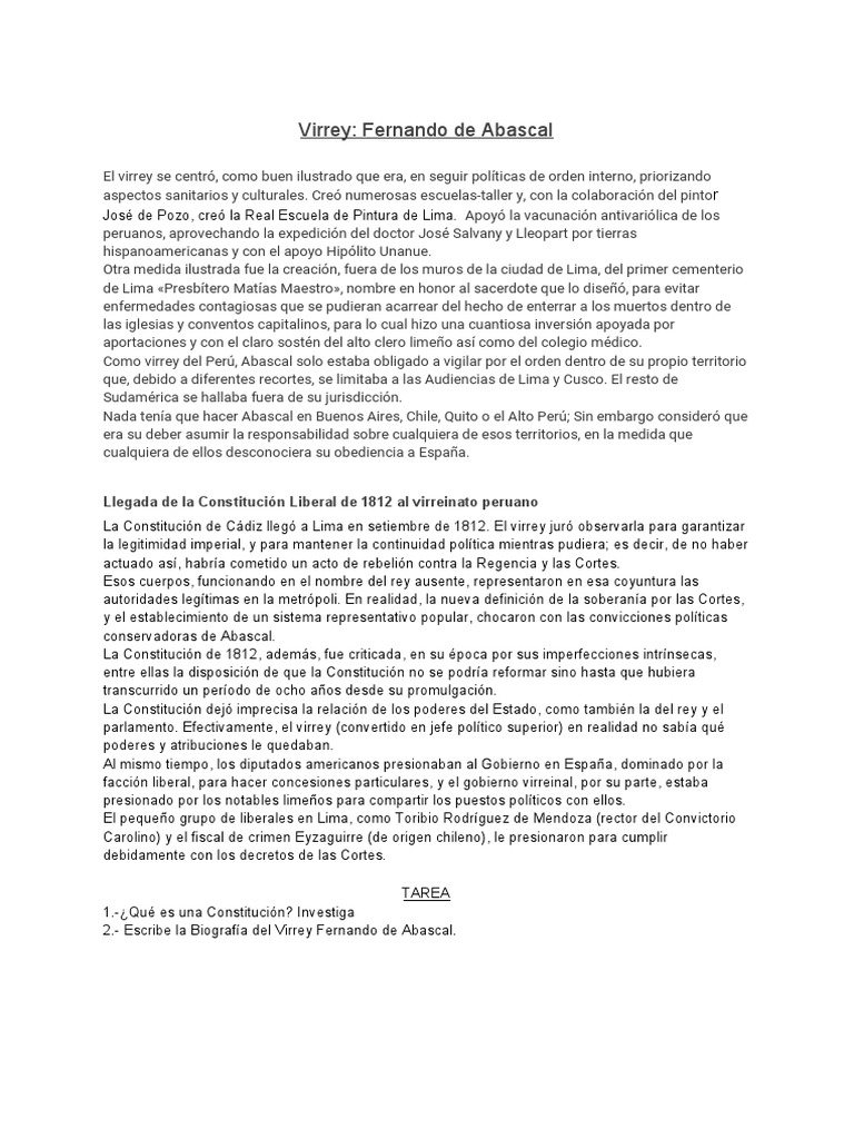 Virrey - Fernando de Abascal | PDF | América del Sur | Gobierno