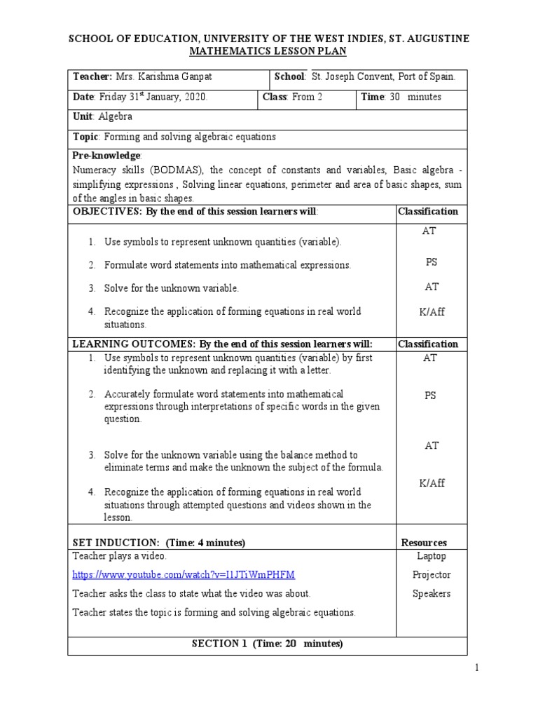 Lesson Plan Algebra | PDF | Variable (Mathematics) | Equations