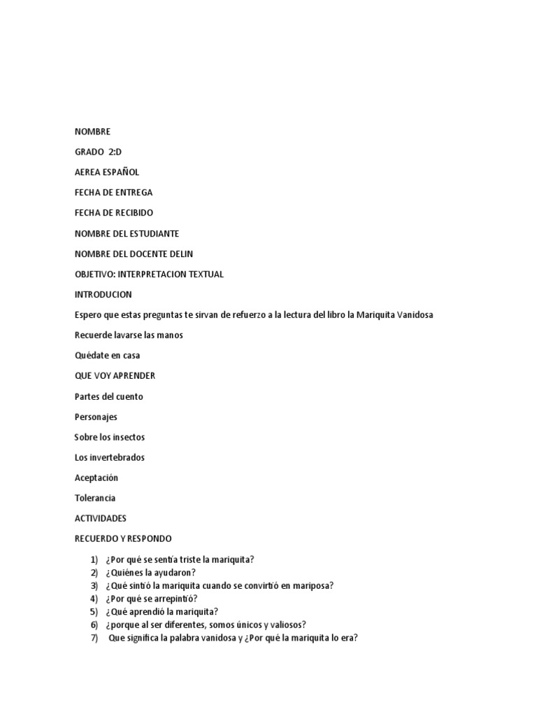 Actividades sobre la Mariquita Vanidosa | PDF