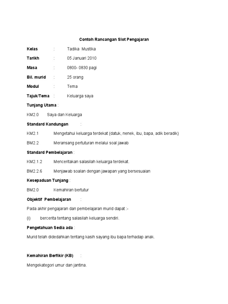 Contoh Rancangan Slot Pengajaran | PDF