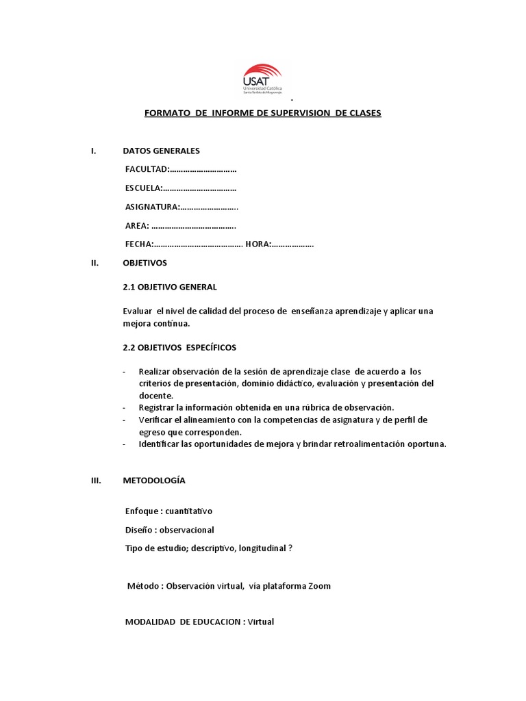 Formato de Informe de Supervisión de Clases. | PDF | Rúbrica (Académica ...